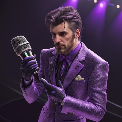 a ugly man in a gaudy shiny purple suit standing at a microphone on a ...