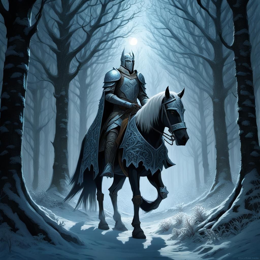 Lone knight, on horseback wandering the icy dark forest ; his armor ...