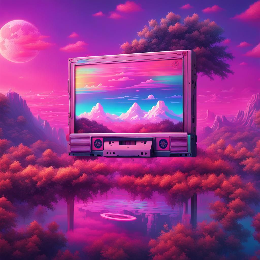 A vaporwave artwork featuring a colourful landscape and a giant audio ...