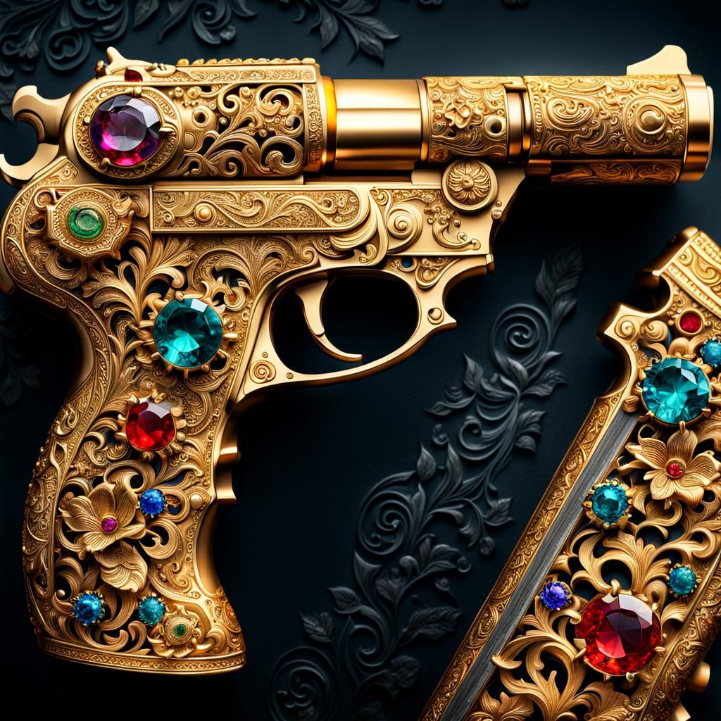 Golden Gun Adorned with Vibrant Gemstones - AI Art