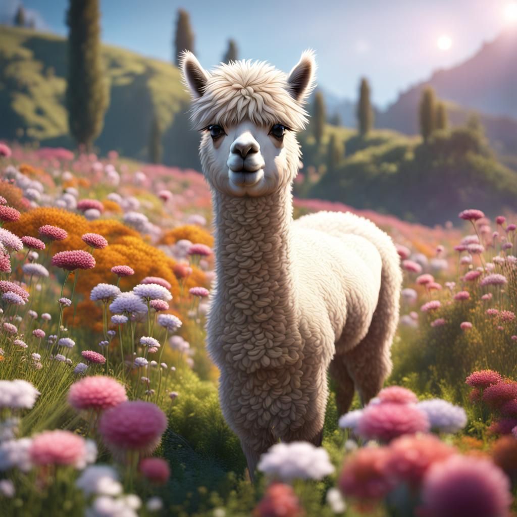 cute alpaca in a field of flowers - AI Generated Artwork - NightCafe ...