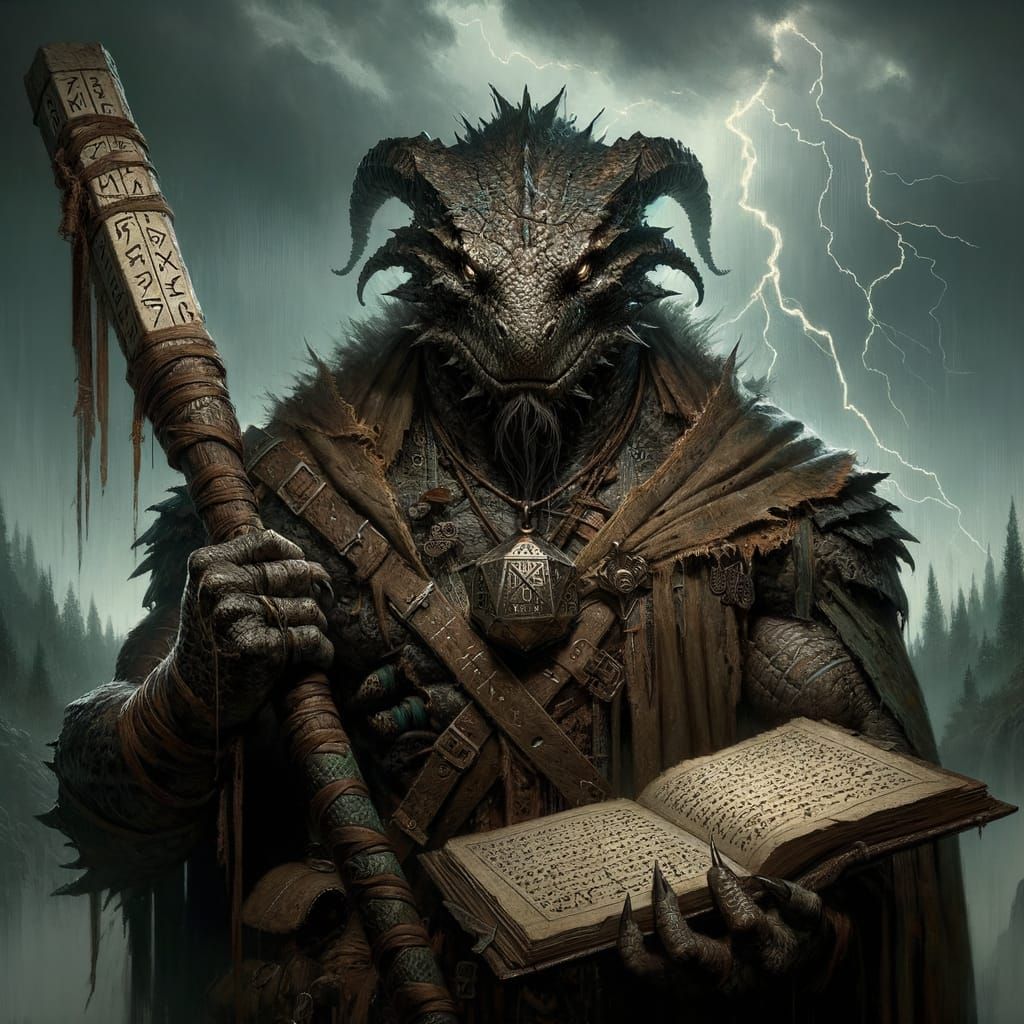 Dragonborn wizard - Dark Fantasy Lizard Rider with Runes