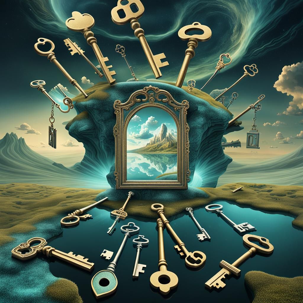 a surreal digital art piece depicting keys floating in a dreamlike ...