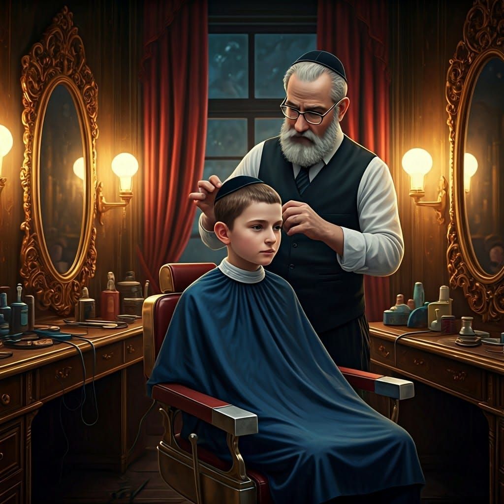 Luxurious Barber's Chair Scene with Hasidic Boy - AI Art