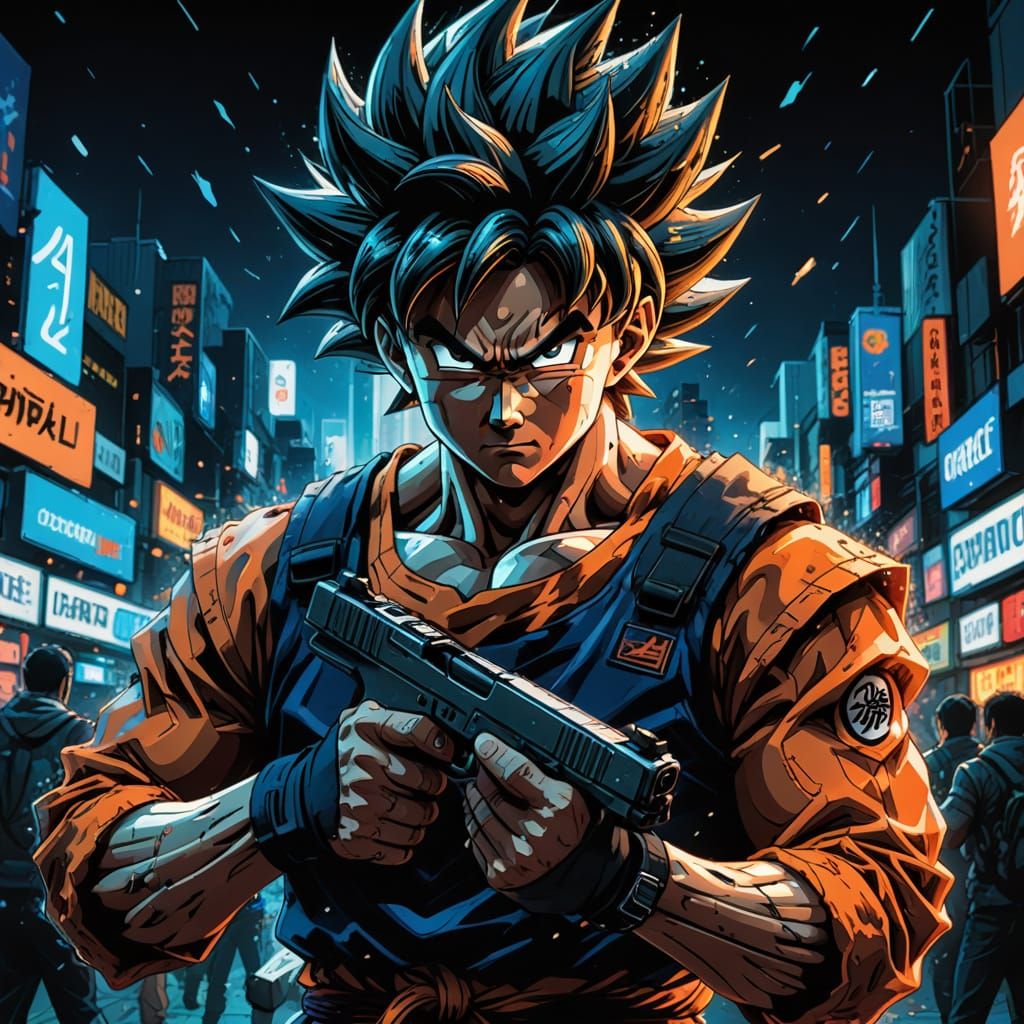 Goku with a glock - Goku in a High-Energy Comic Book Art Pos...