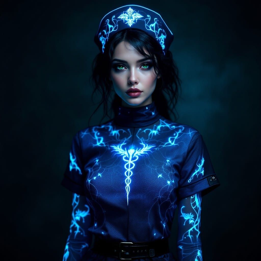 Goth Nurse in Azure Spider Web Scrubs, Majestic an... - AI Art