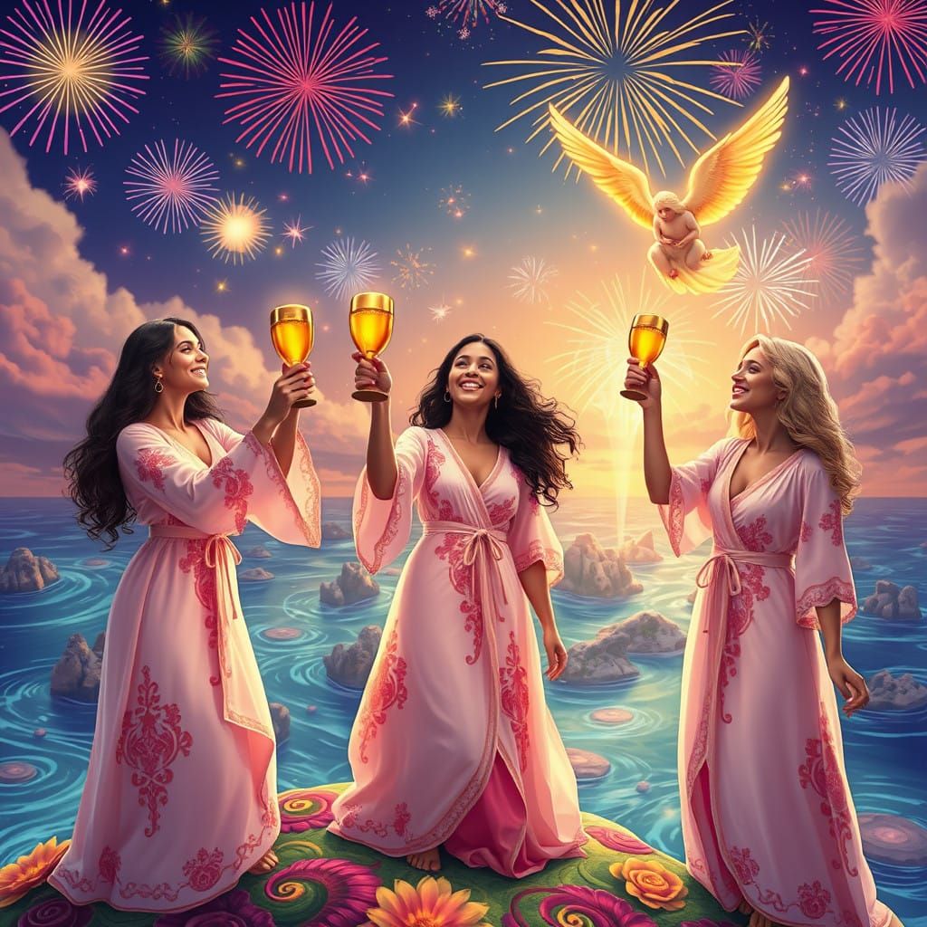 Wonderland Goddesses Raise Golden Goblets in Whims... - AI Art