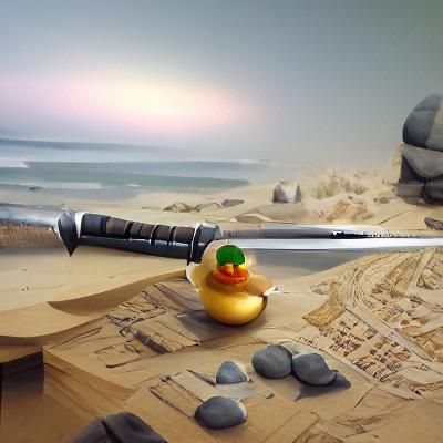 a duck sitting on a beach holding a sword - AI Generated Artwork ...