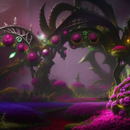 very strange beautiful alien flower in alien garden, deep colors ...