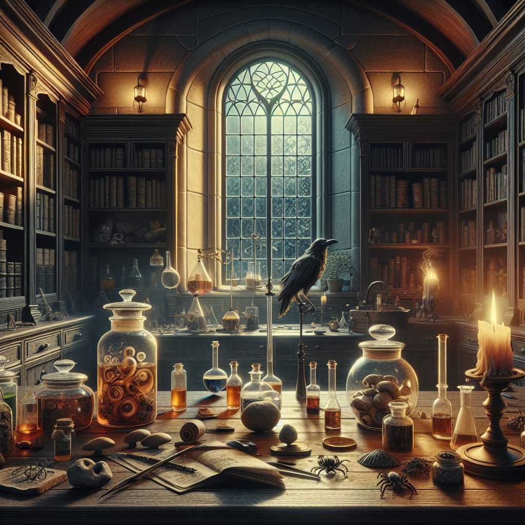 A wizard’s lab room - Warmly Lit Wizard's Study with Mystica...