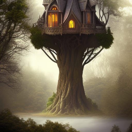 Whimsical Gothic treehouse - AI Generated Artwork - NightCafe Creator