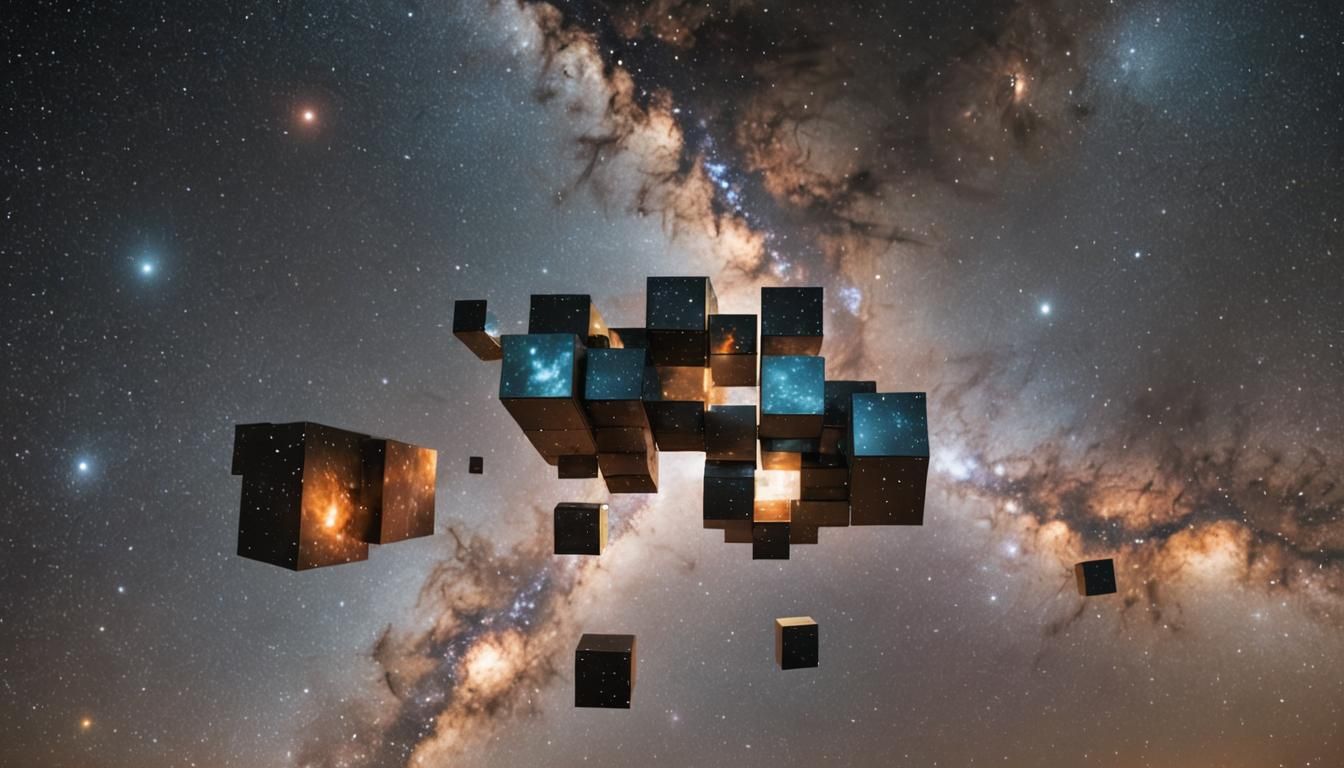 " Un groupe de trois cubes superposés, un ciel orageux et lumineux ...