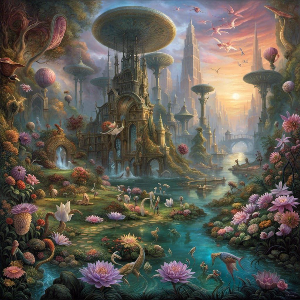 a fantastical water garden on an alien planet with lots of large ...