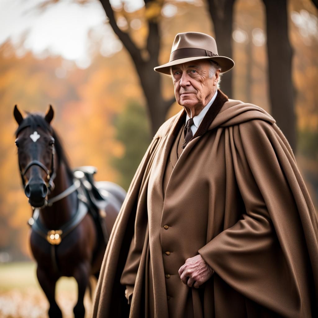 Franklin Delano Roosevelt as wizard/ wearing brown thick cloak/ giant ...