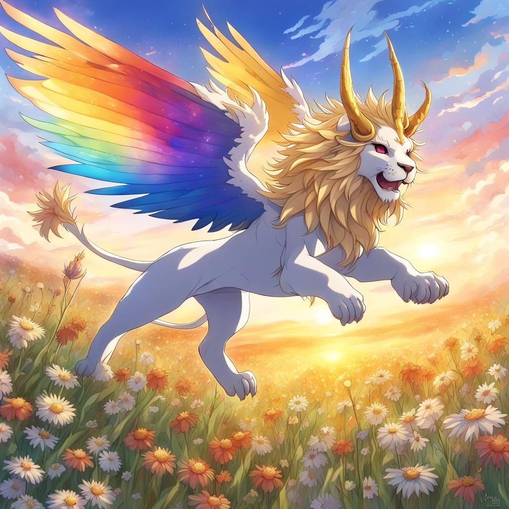 winged rainbow lion dragon with golden horns flying at sunrise over a ...