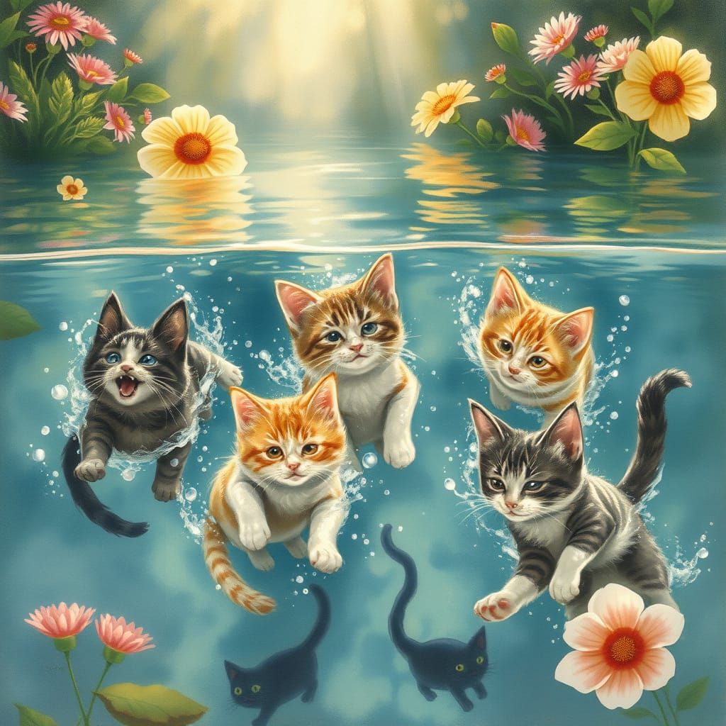 water cats - Whimsical Cats in a Lush Aquatic Wonderland