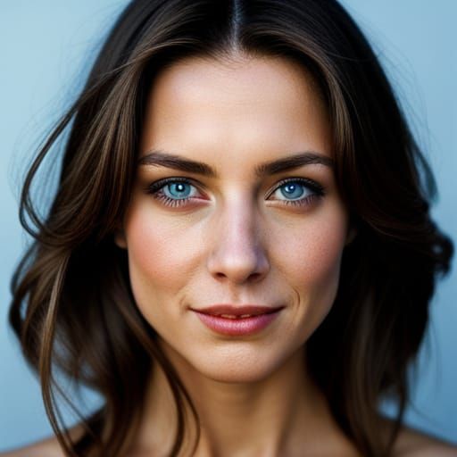 Chocolate brown hair, cute young woman, round blue eyes, warm smile, larger nose, round face ...