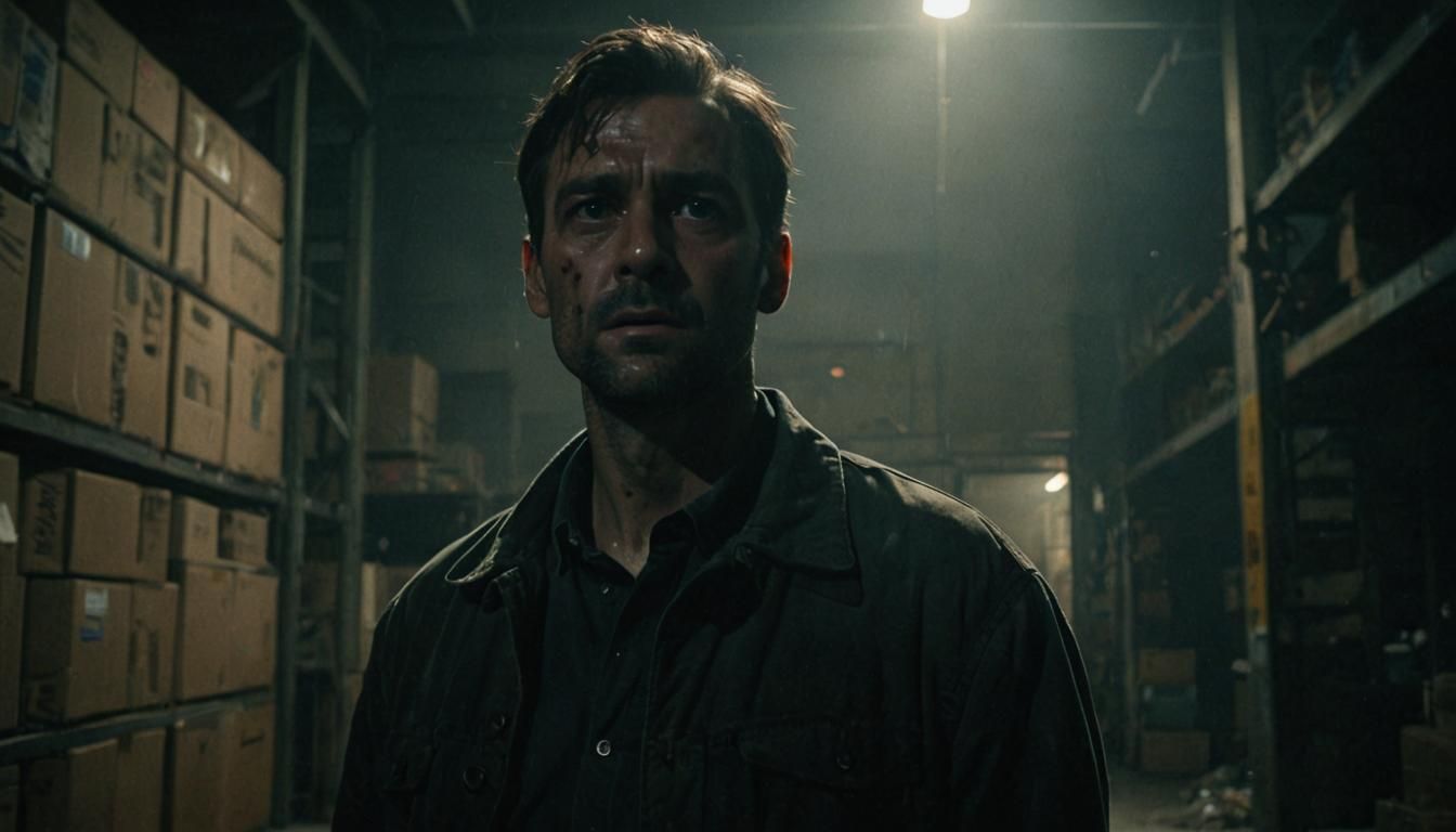 A chilling final shot shows the protagonist man standing in the dim ...