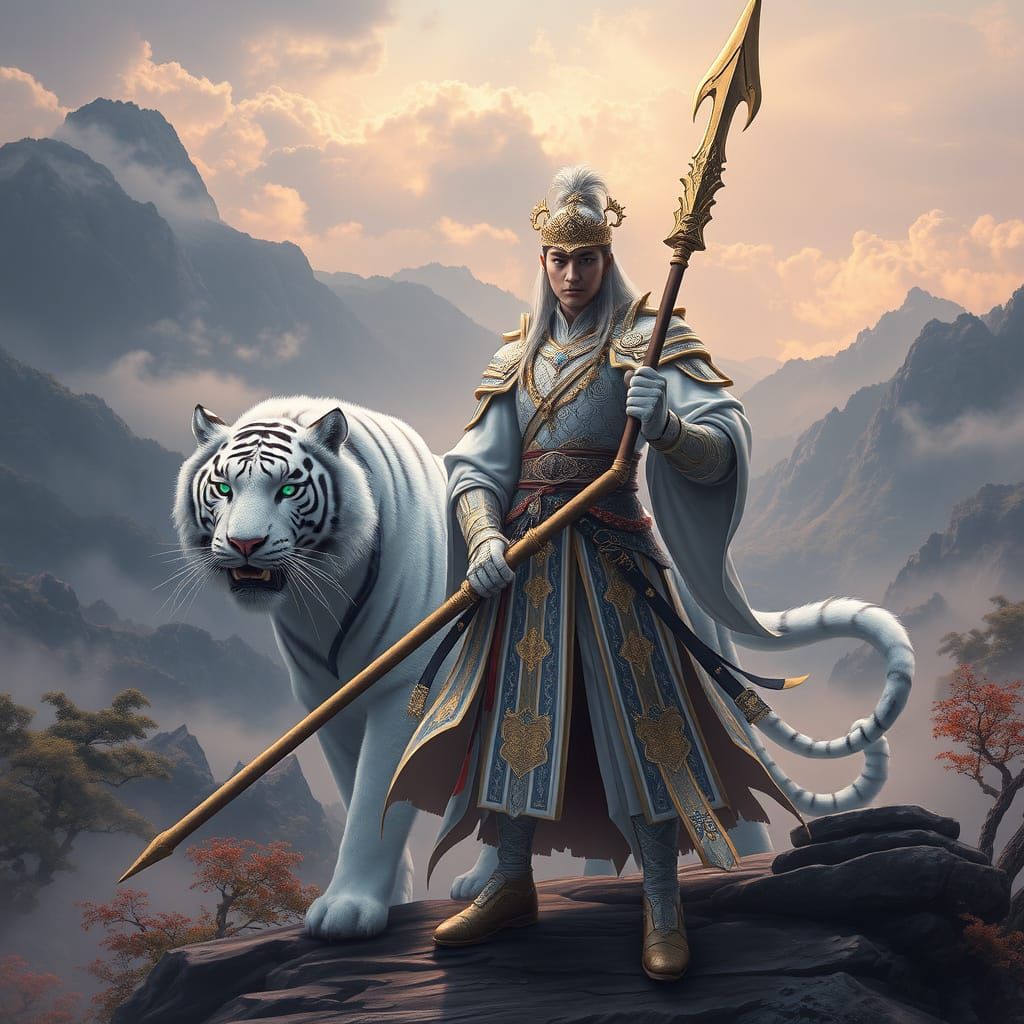 Heroic Warrior with White Tiger in Ancient Chinese... - AI Art