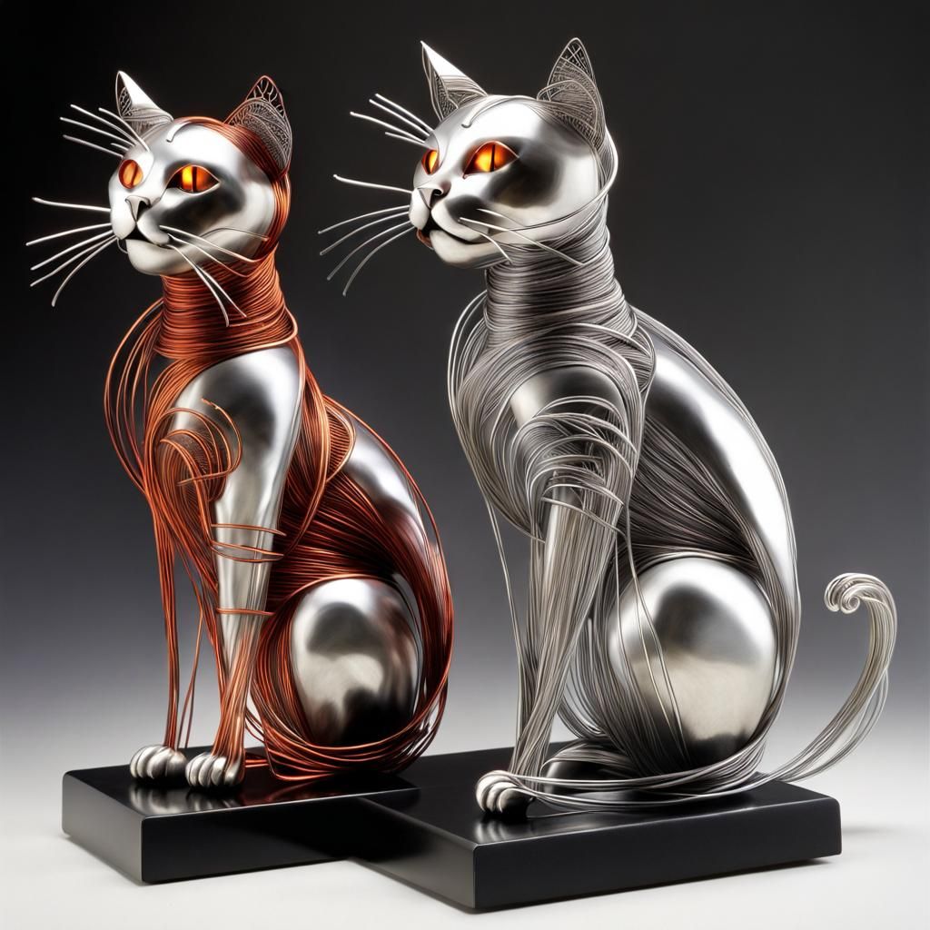 Cats; wire sculpture art style of Greg Artlop; titanium, stainless ...