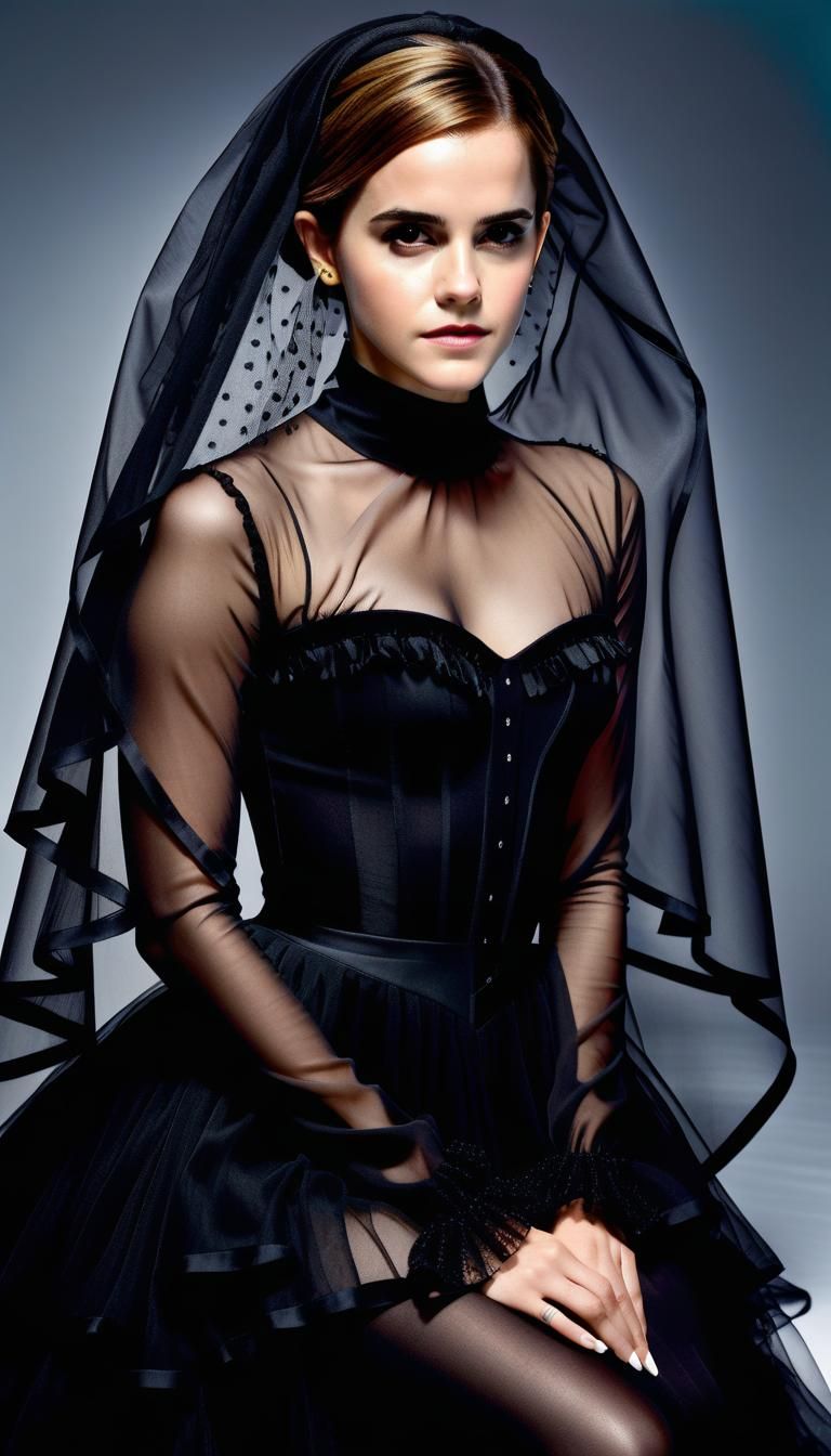 Emma Watson, extremely transparent sheer black ruffle bodysuit, show full body, intricate ...