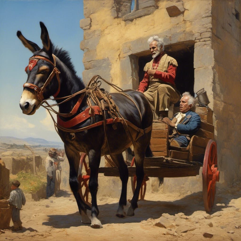 An old donkey drags a cart on which Arthur Schopenhauer rests dressed ...