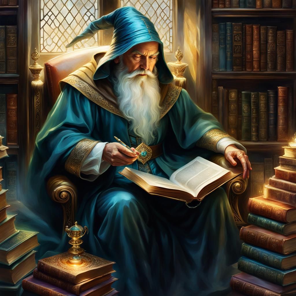 A wizard doing research in an old library - AI Generated Artwork ...