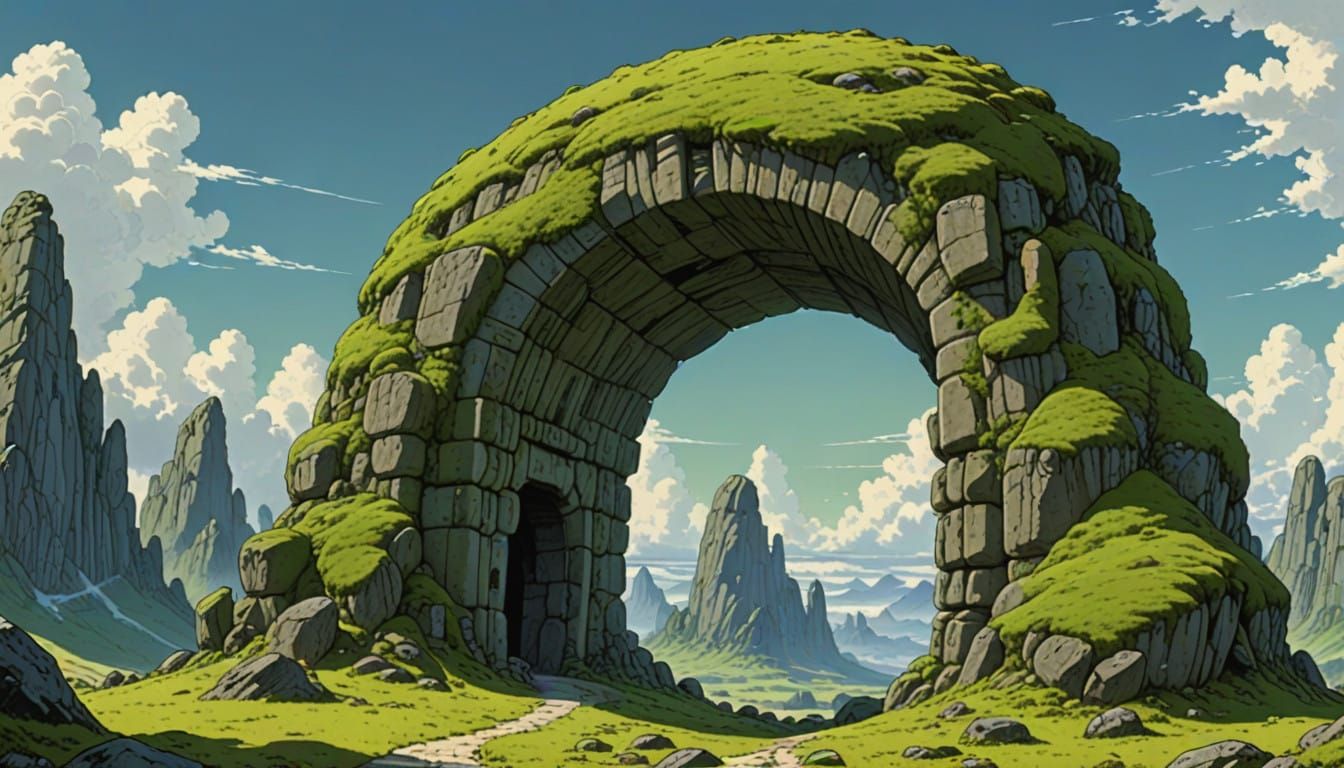 A gigantic otherworldly masoned arch. Massive and imposing, it appears ...