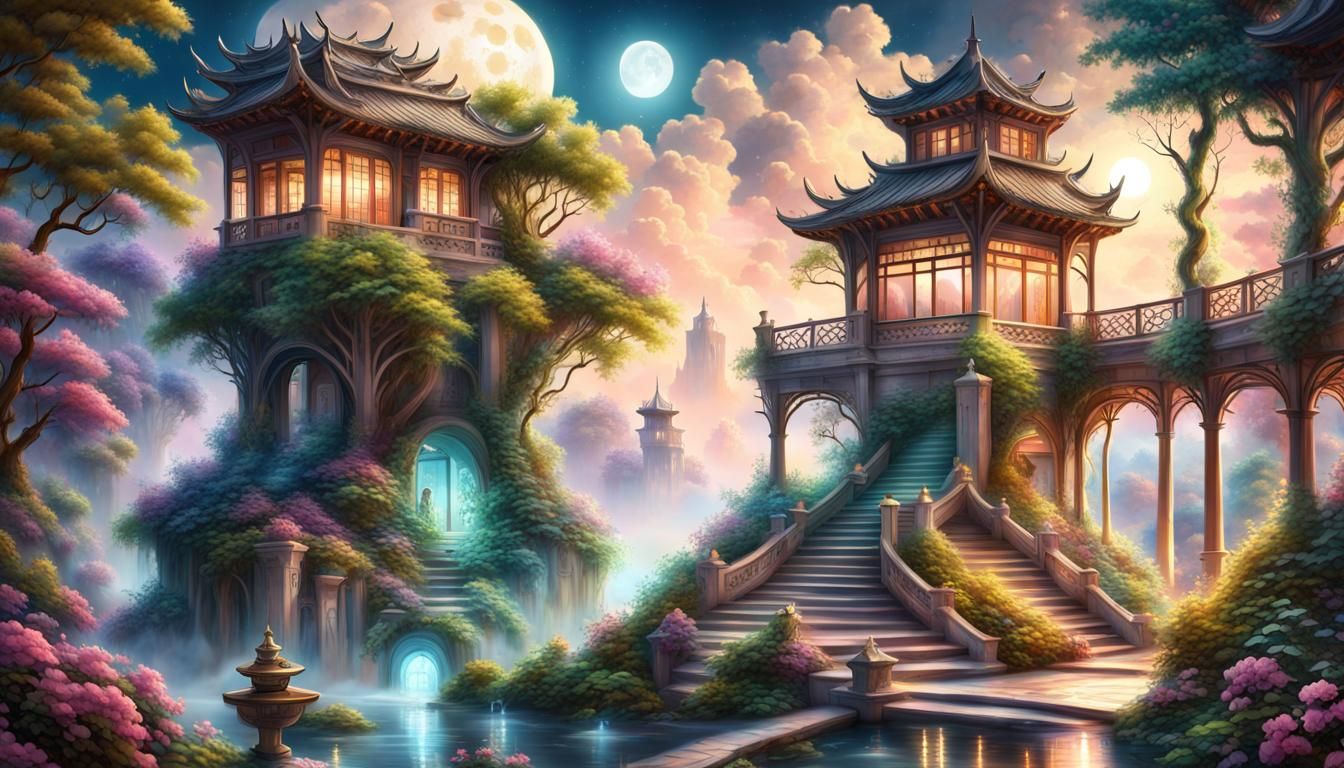 Photo-realistic depiction of a magical alien world with a full moon ...