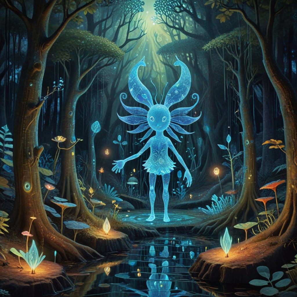 Mythical Creature in Whimsical Underground Bioluminescent Forest, First ...