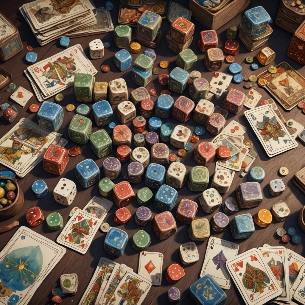 Board game ; dices and cards ; Miple ; in front of the table ; light at ...