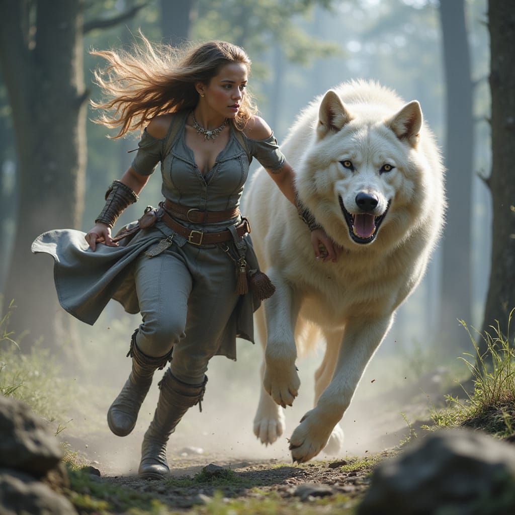 Fantasy Beast Master in Action with Her Fierce Whi... - AI Art