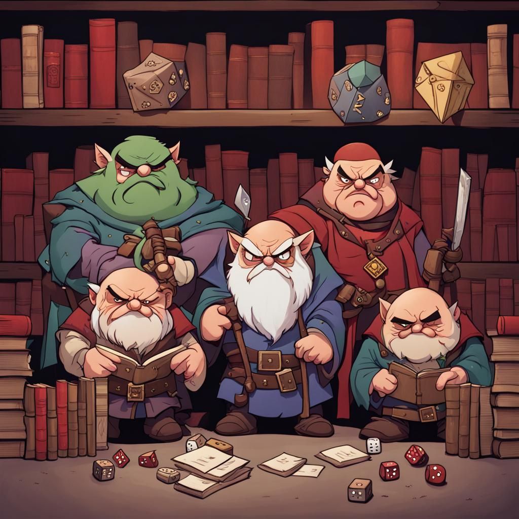 a group of grumpy mens dressed as dnd characers , hidden behind a wall ...