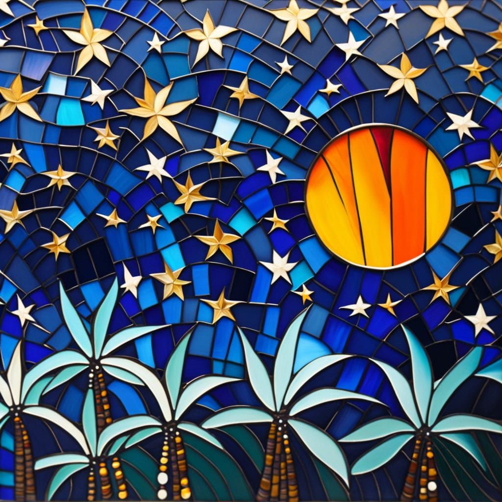 stained glass mosaic, night sky stars, gouache painted palm trees fill ...