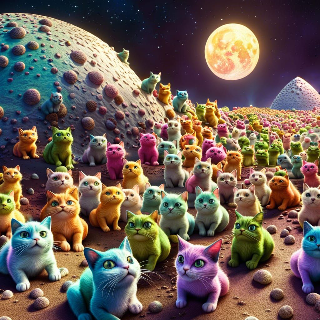 An army of cats and kittens swarm over a caravan of frog monsters on ...