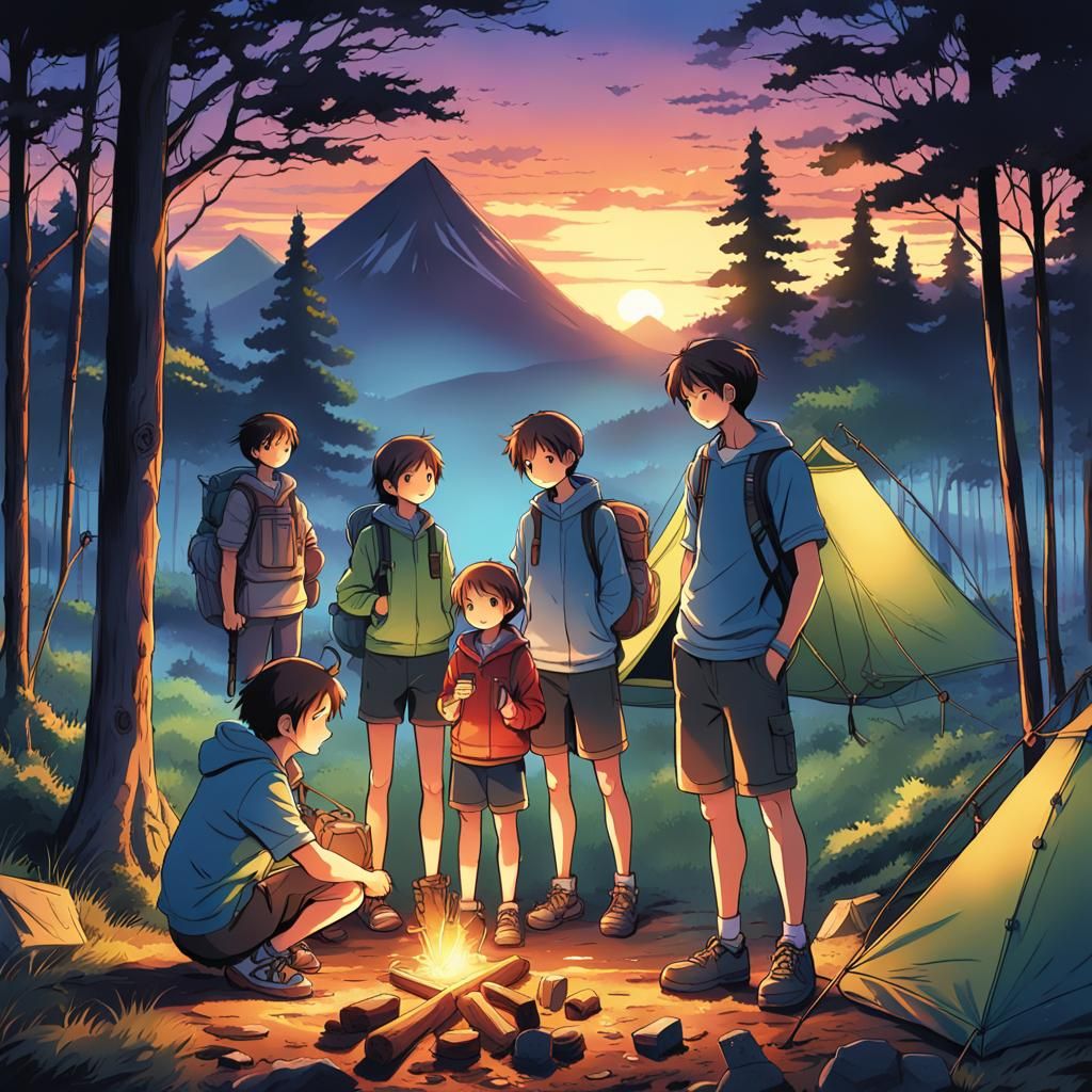 family camping at dawn, masterpiece, best quality, Manga Scan, Anime ...