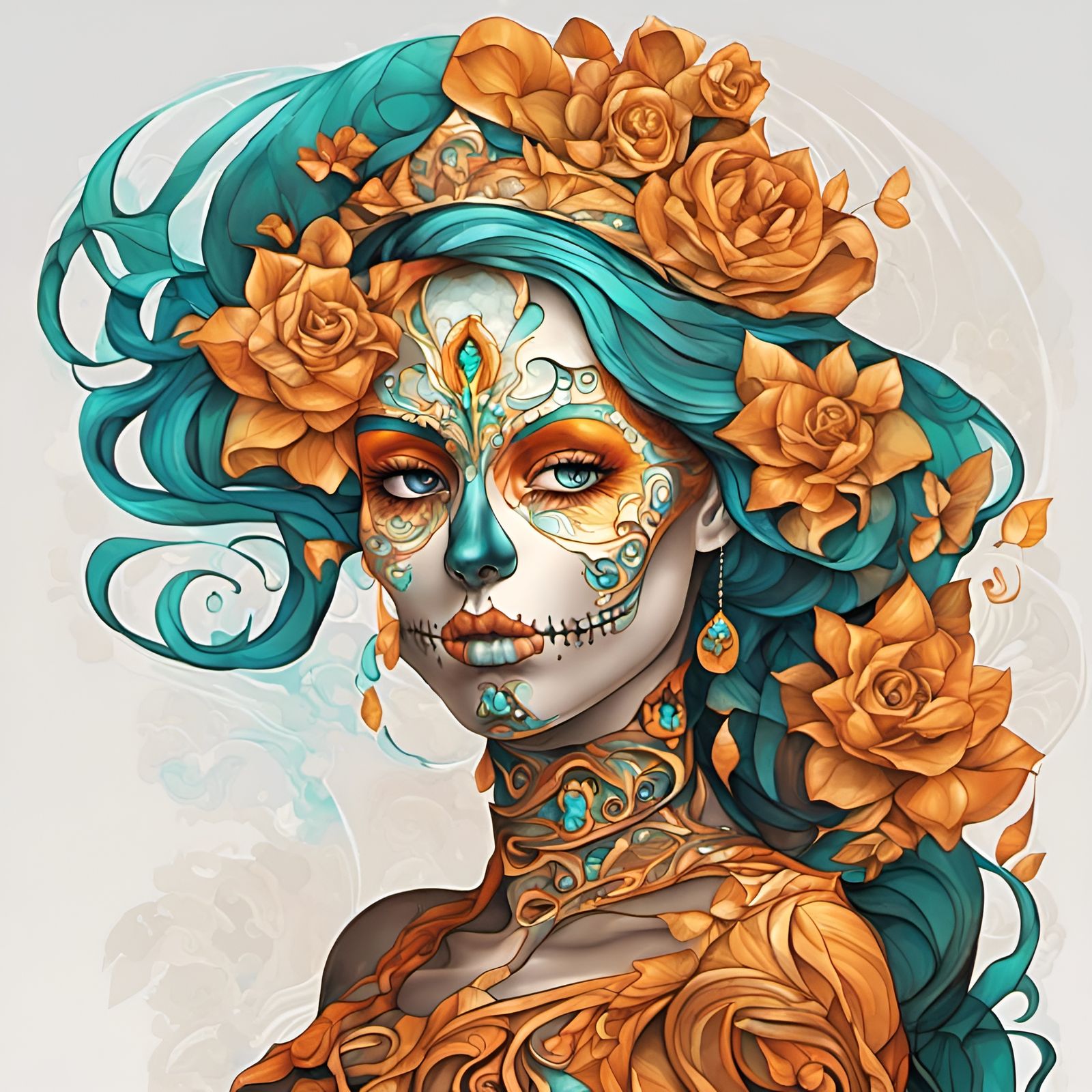 Detailed stained glass Beautiful Orange Teal Sugar Skull woman abstract vector fractal, wave ...