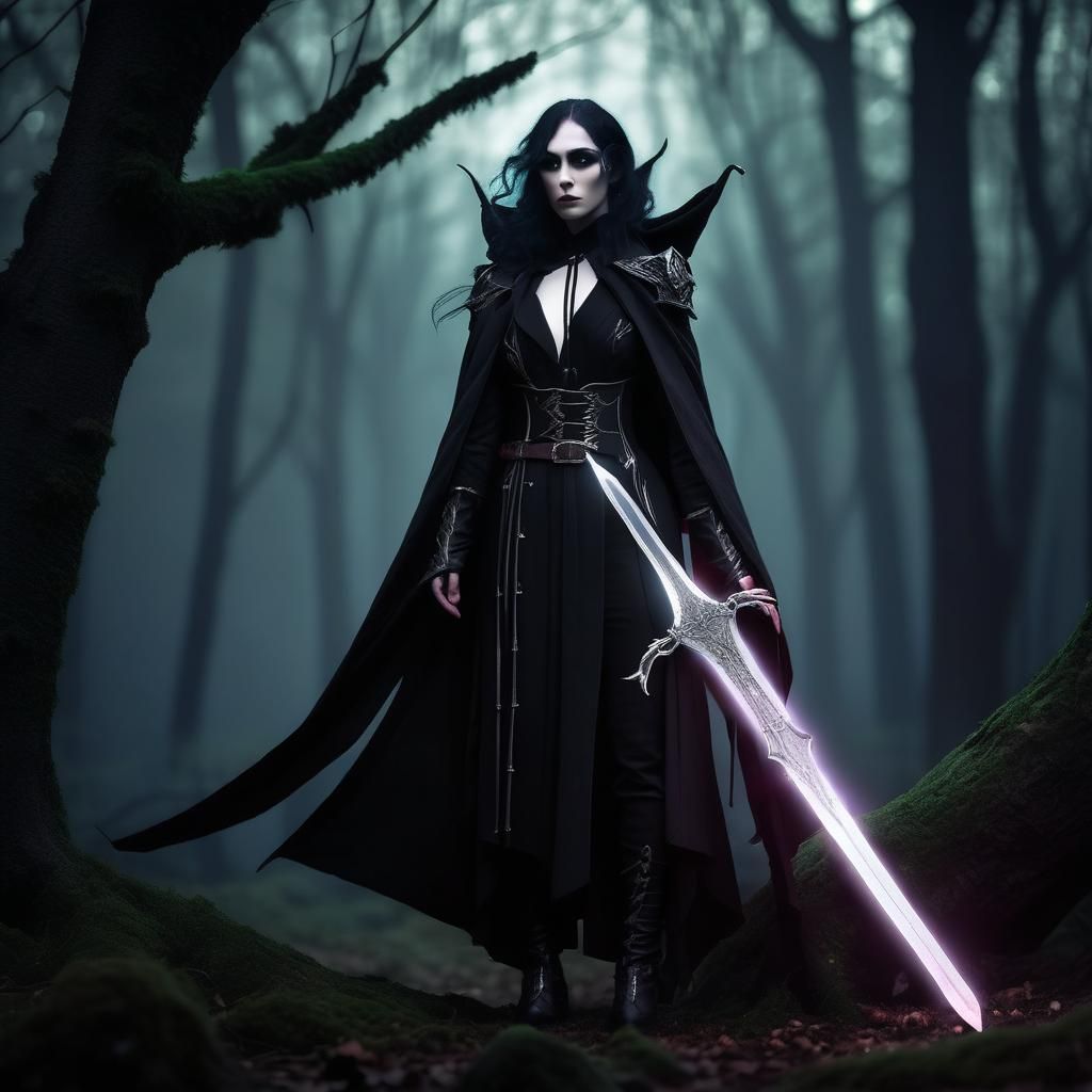 Goth elf assassin with a glowing sword floating above their right ...