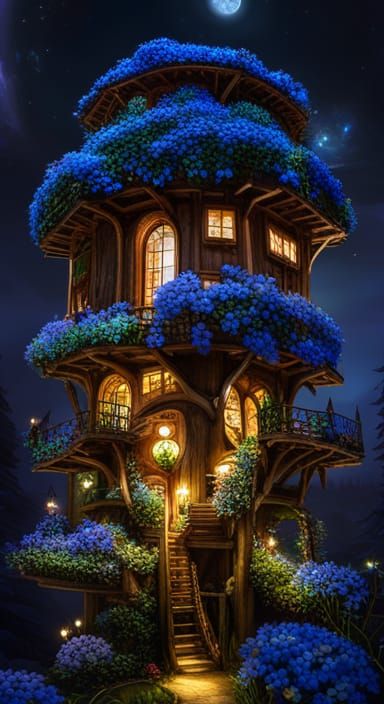 Sparkly intricate floral treehouse tower decorated with luminous blue ...