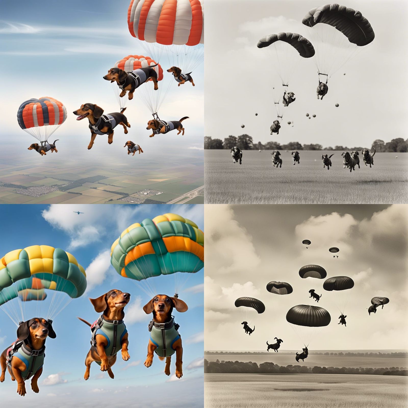 A skydiving group of Dachshunds with parachutes, the aircraft they ...