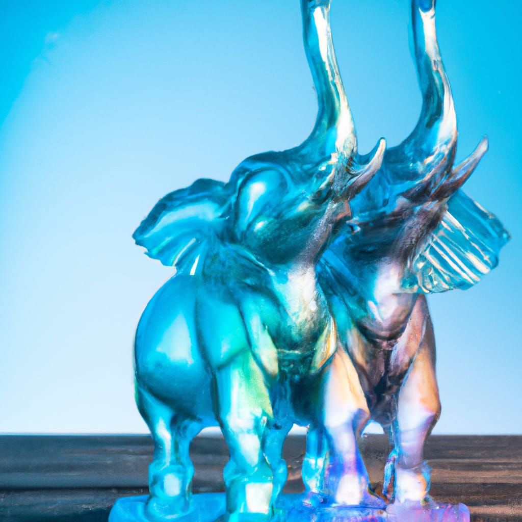 blue ice sculpture of 3 elephants with their trunks up, standing back ...