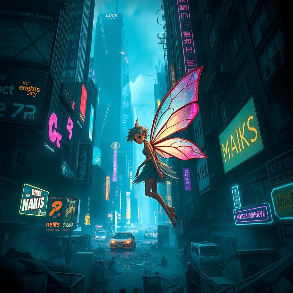 Pixie in a Neon-Lit Dystopian Cityscape - AI Art