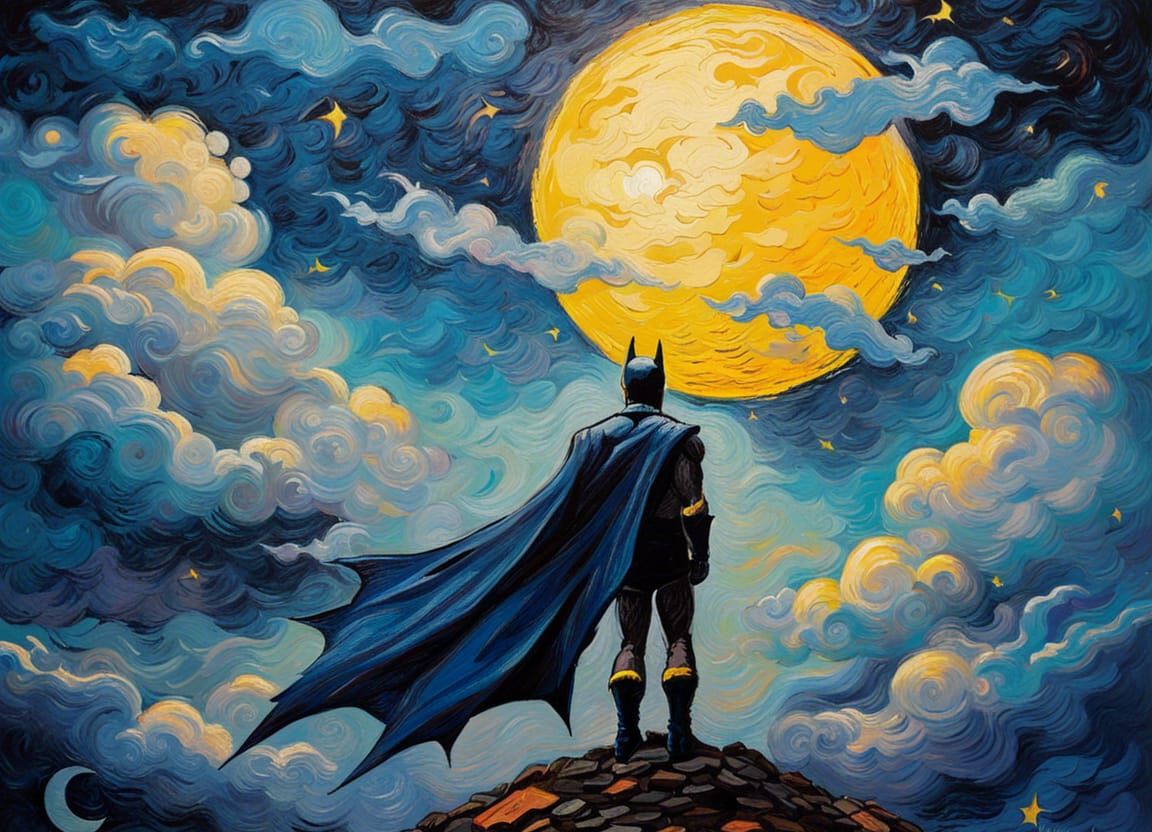 Batman looking up at the Bat signal in the clouds at night in the style ...