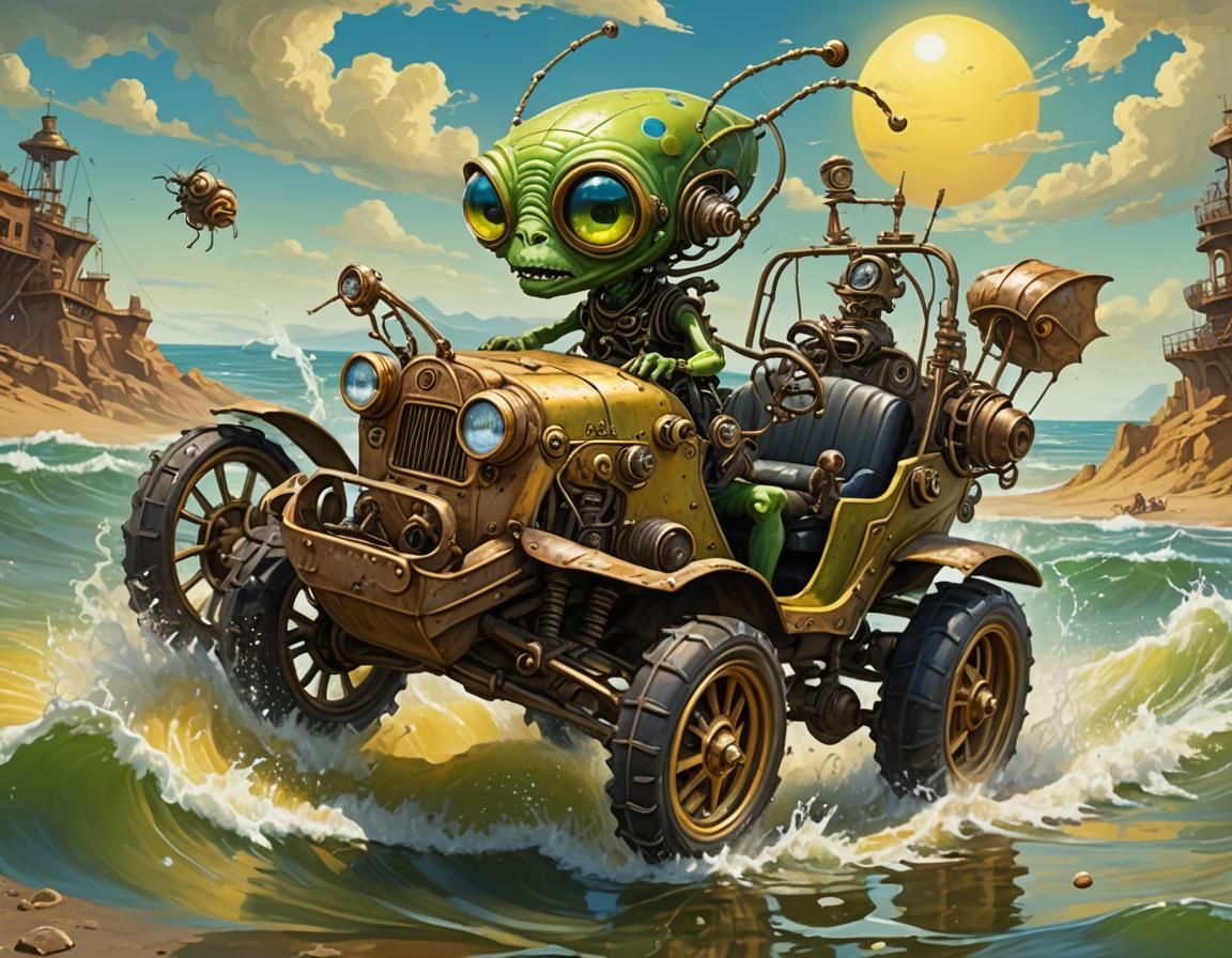 cute green alien female with big faceted eyes and insect antennae drive ...