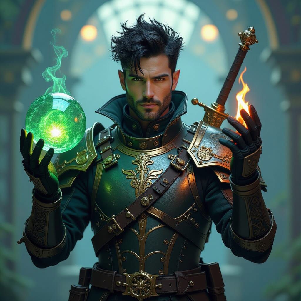 Realistic male steam punk armoured artificer. Tall wiry build with ...