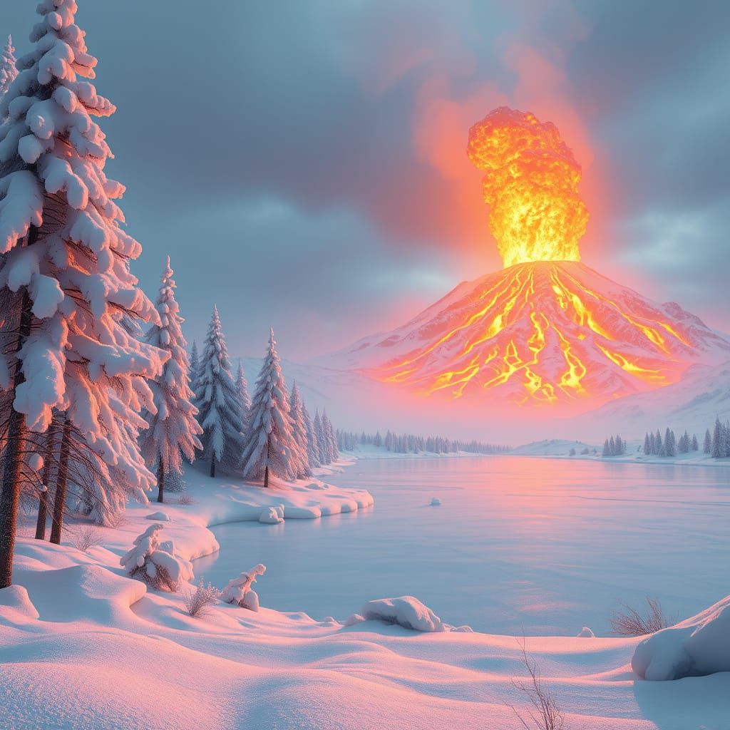 Ethereal Winter Volcano in Harmonious Contrast of ... - AI Art