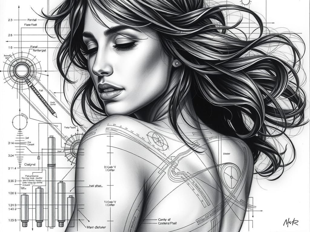 black and white technical drawing showcasing a beautiful naked woman, annotation details ...
