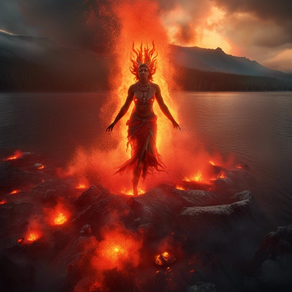 hawaiian fire goddess pele erupting in yellowstone lake caldera with ...