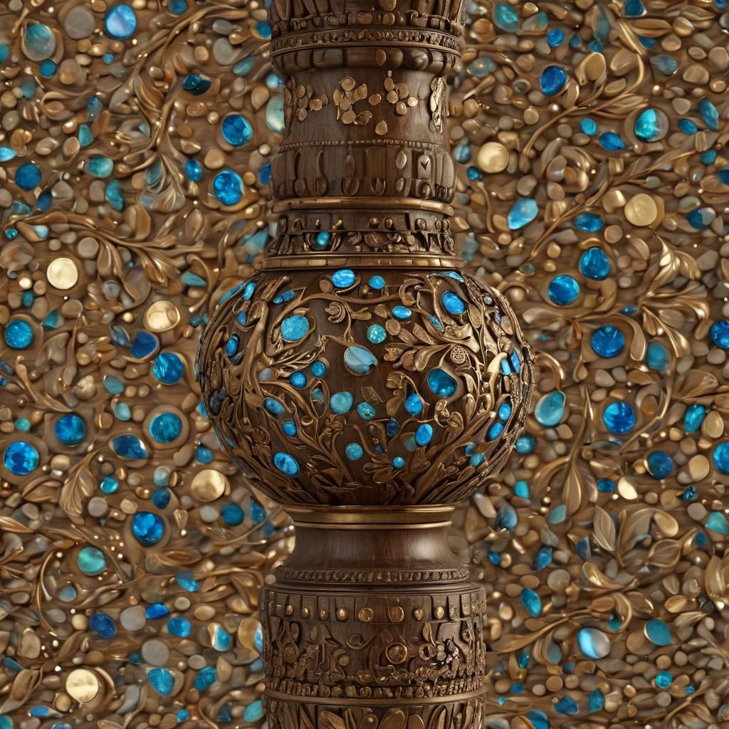 A wooden vase. 3D. Gilded patterns. Coins and opals stick out of the ...