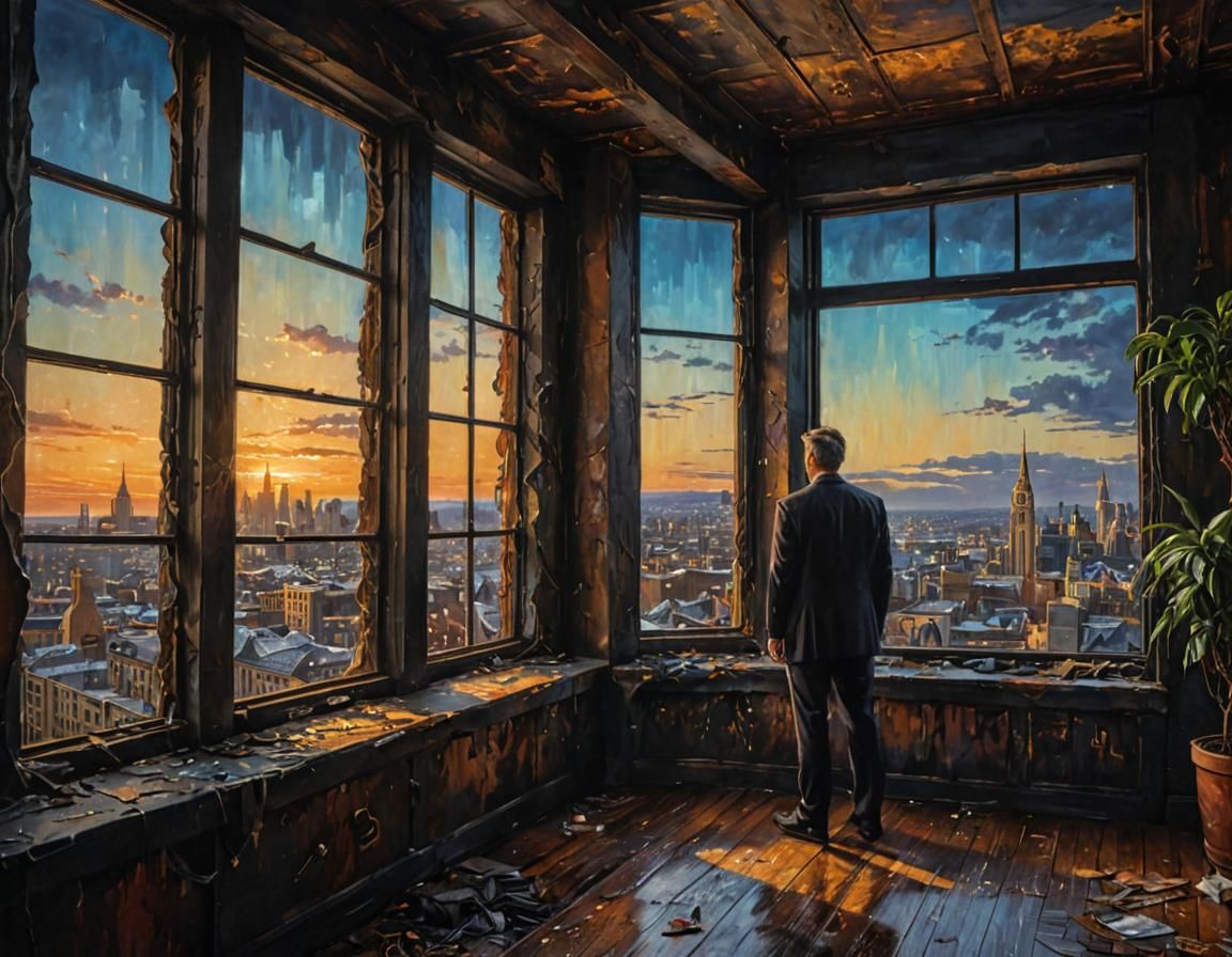 Masterpiece Acrylic painting, a man looking out a window, fantastic ...